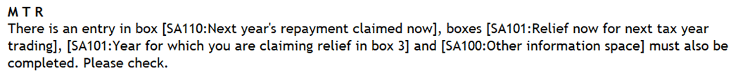 Personal Tax- MTR Entry in box [SA110:Next year's repayment claimed now ...