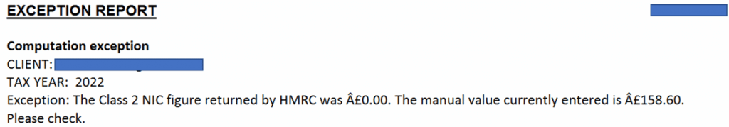 Personal Tax- Exception Class 2 NIC by HMRC was £0.00 and Manual Value £XXX | Knowledge Base